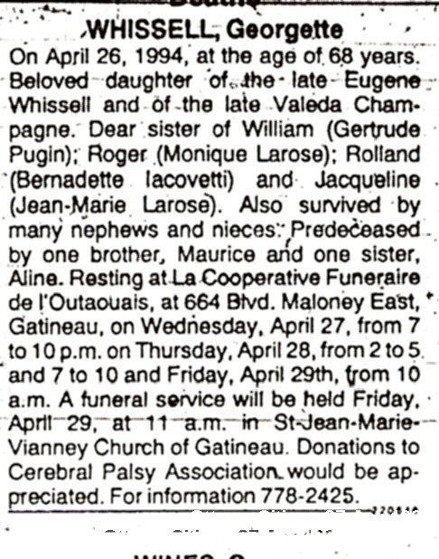 Obituaries: Ottawa Citizen obituary: Lavoie Whissell connection